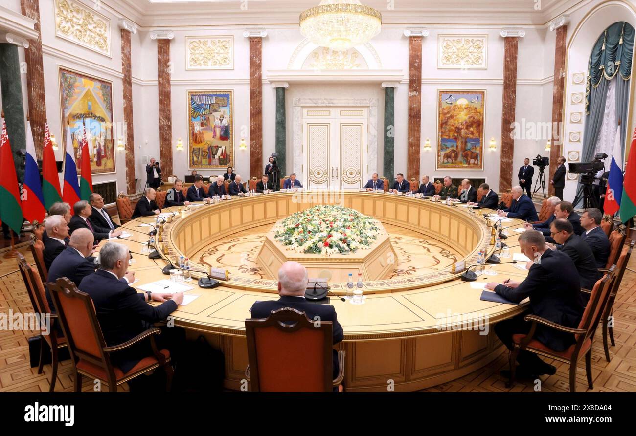 Minsk, Belarus. 24 May, 2024. Russian President Vladimir Putin, left ...