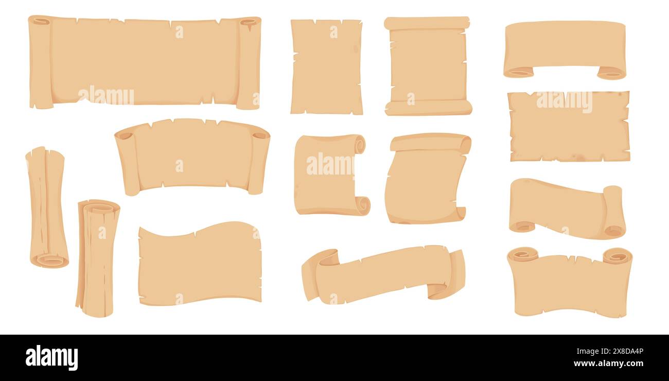 Cartoon ancient parchment scroll and old paper manuscript. Fantasy treasure map, diploma and ...