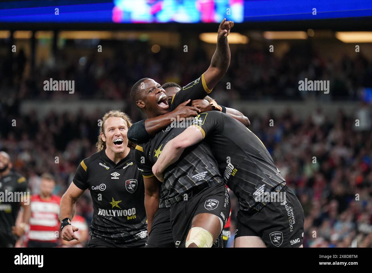 Hollywoodbet Sharks' Aphelele Fassi celebrates after scoring their side ...