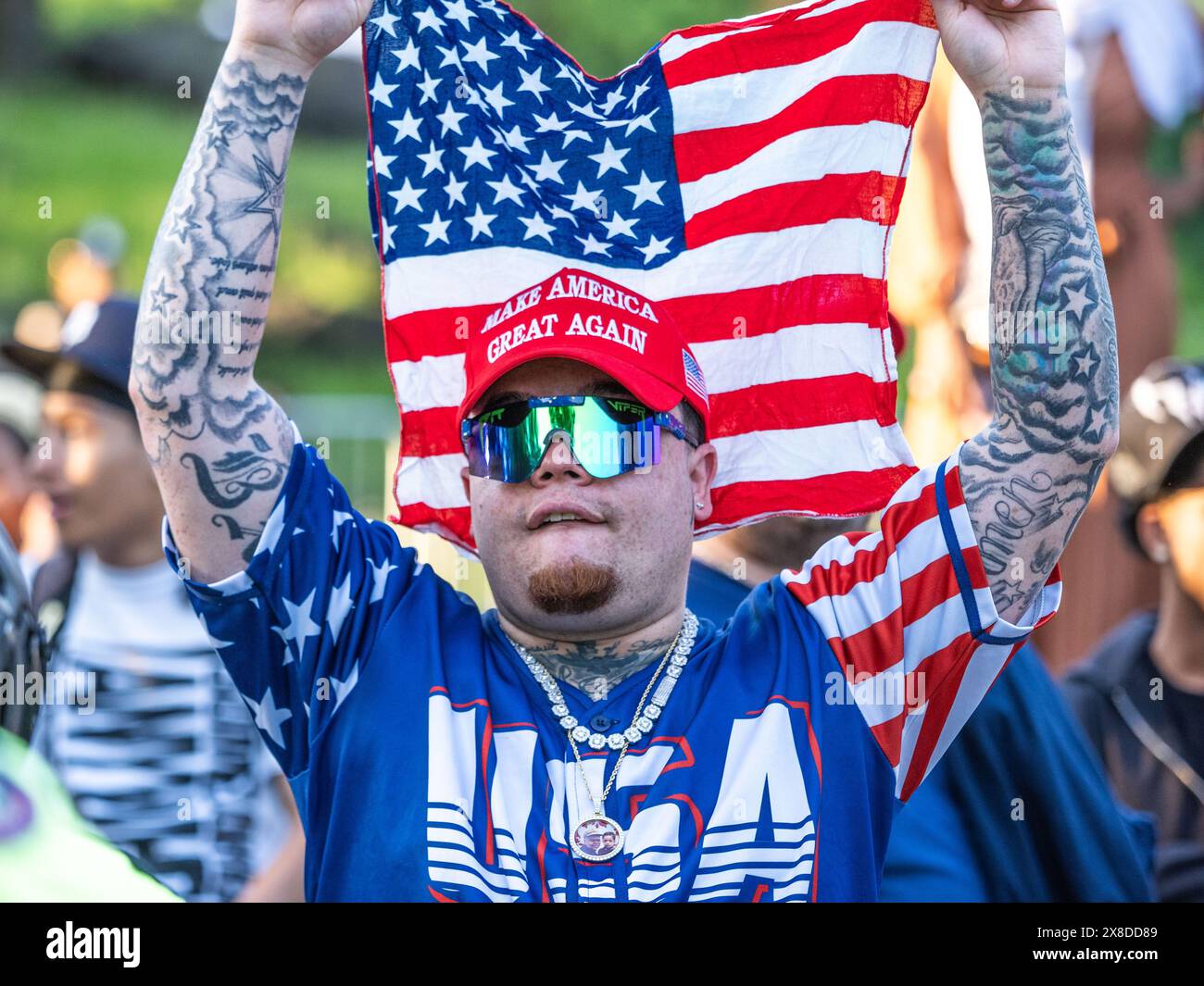 New York, New York, USA. 23rd May, 2024. A Trumpster wearing a ''Make ...