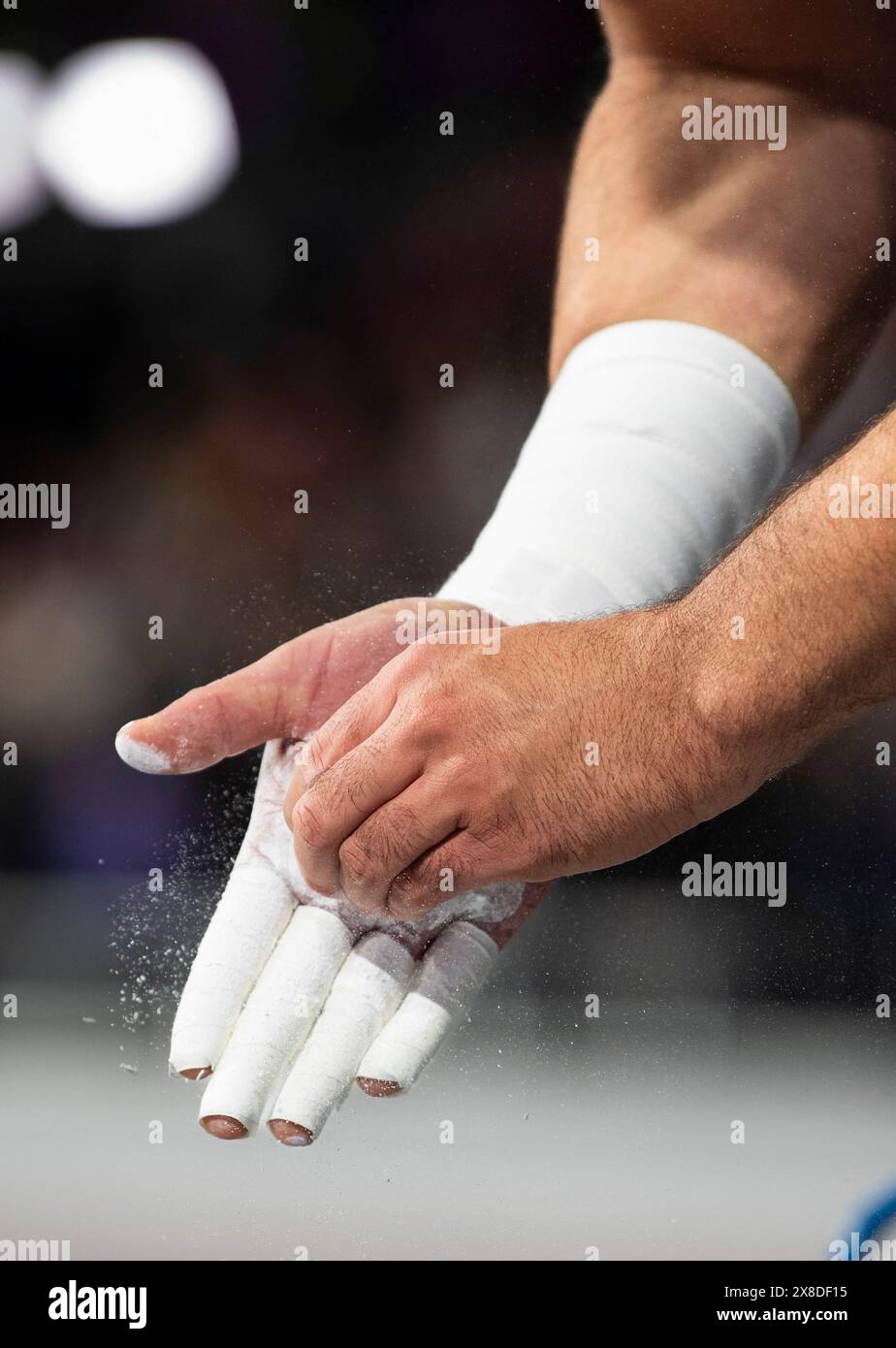 The hand of Filip Mihaljević of Croatia competing in the men’s shot put ...