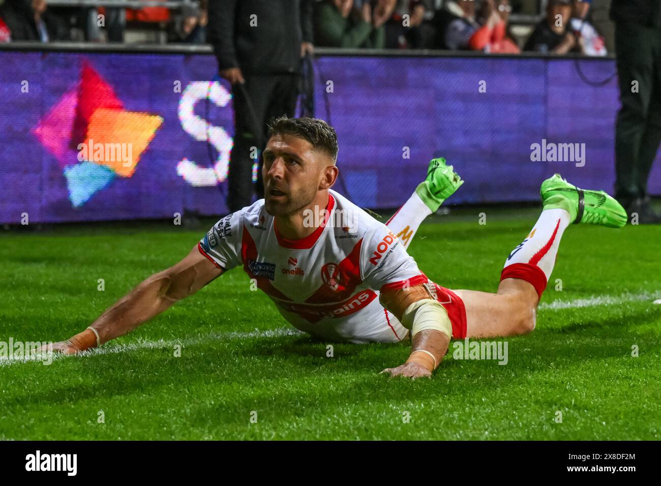 Tommy Makinson of St. Helens celebrates his 200th try during the ...