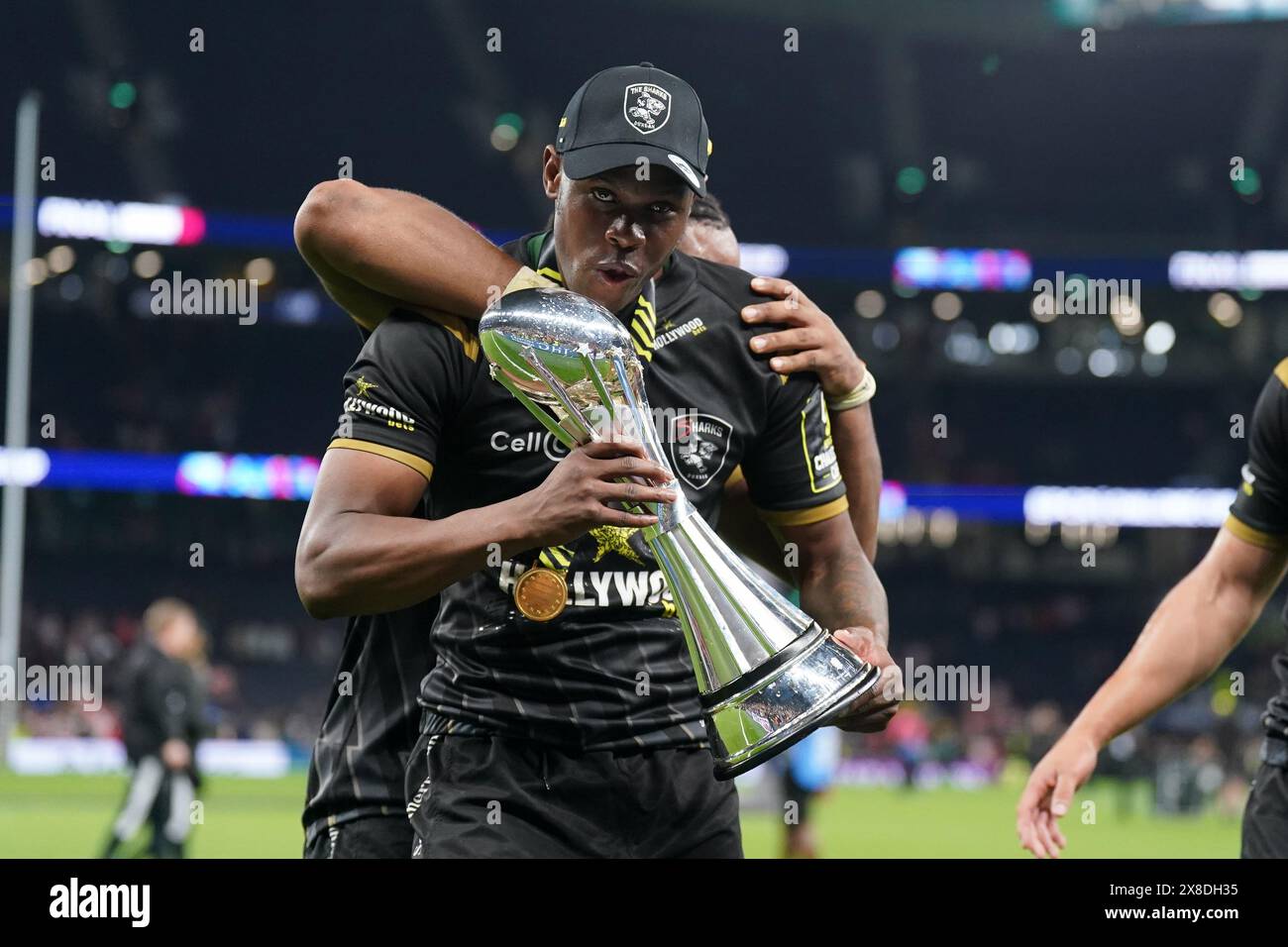 Hollywoodbet Sharks' Aphelele Fassi celebrates with the toprhy after ...