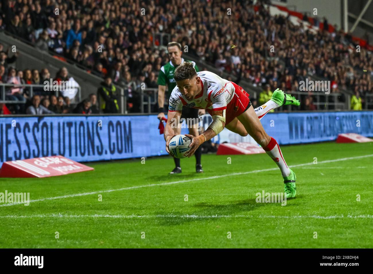 Tommy Makinson of St. Helens goes over for his 200th try during the ...
