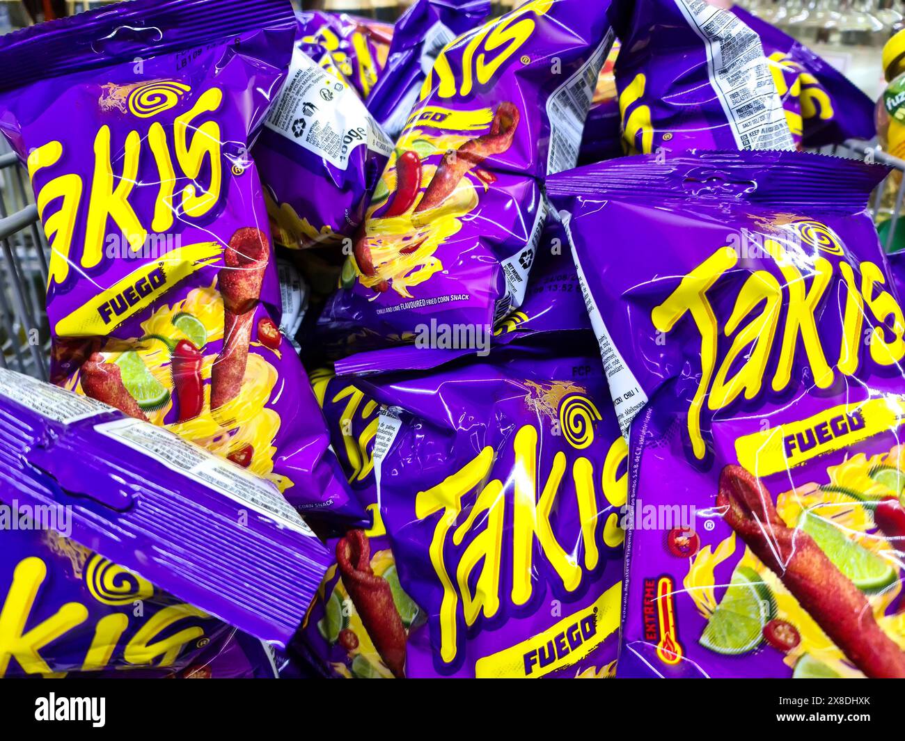 Kiel, Germany - 23.May 2024: Several purple bags of Takis brand hot ...