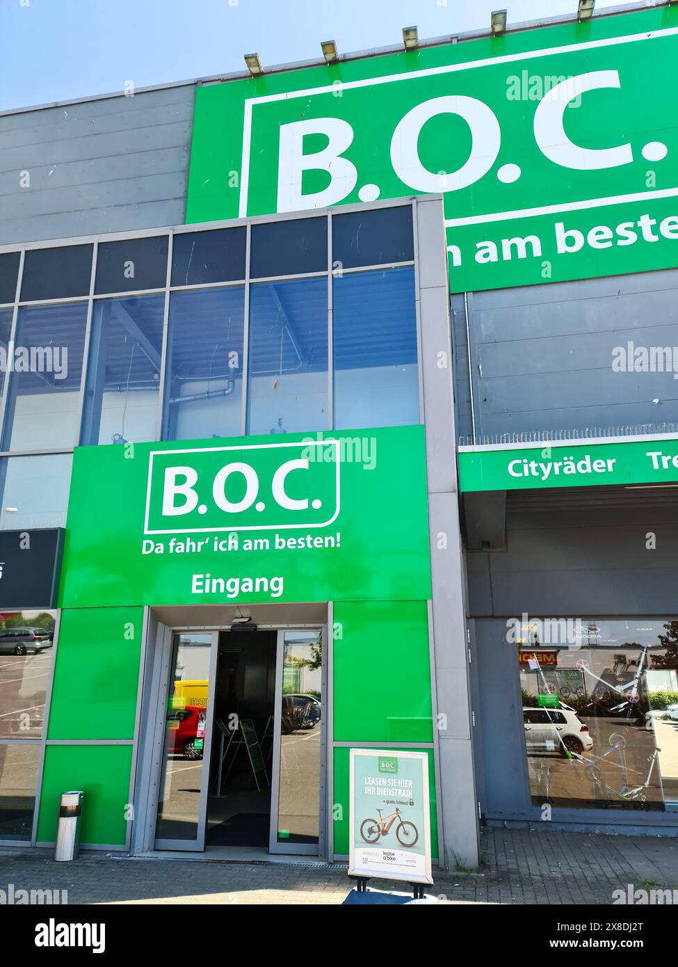 Kiel, Germany - 23.May 2024: Entrance area of a B.O.C. brand bicycle ...