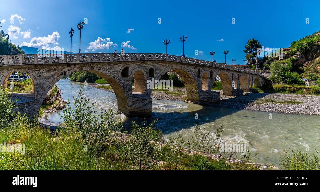 A view along the side of the Gorica bridge in Berat, Albania in ...