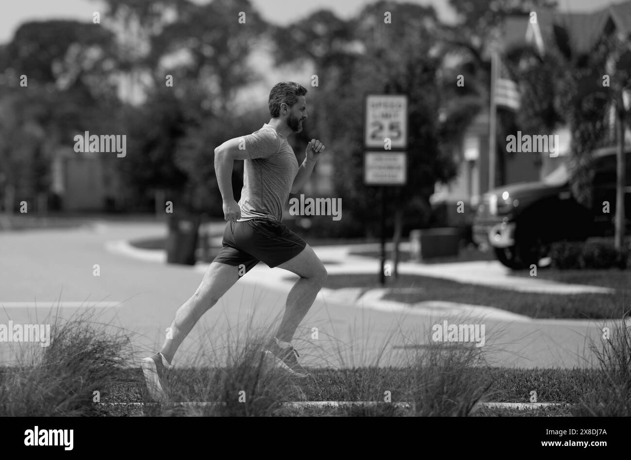 Sport runner. Man running. Fit male sport fitness model sprinting ...
