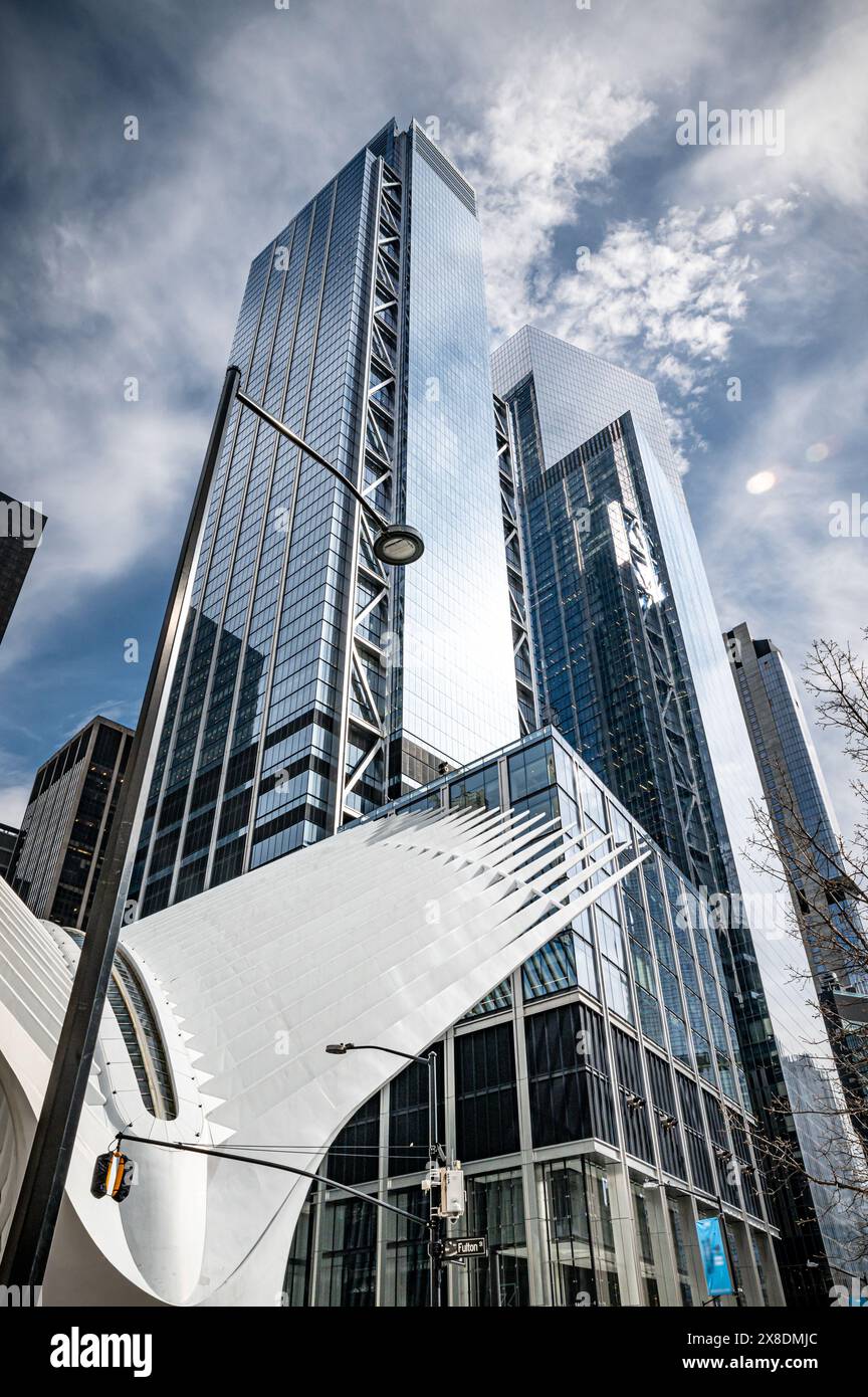 Oculus and Buildings in Manhattan seen from street level. Towering ...