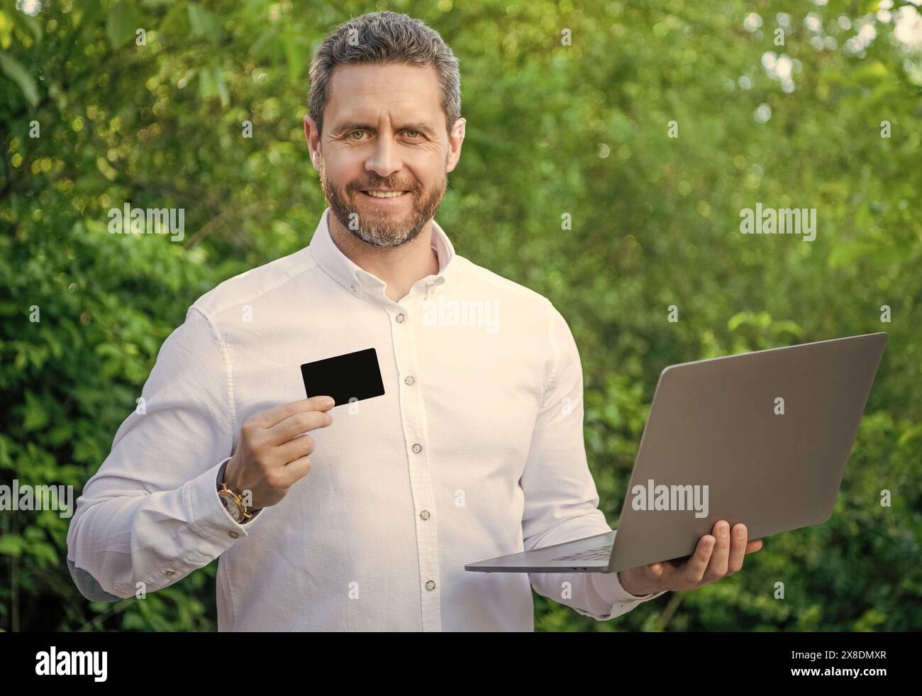 happy businessman offer online banking. businessman do online banking ...