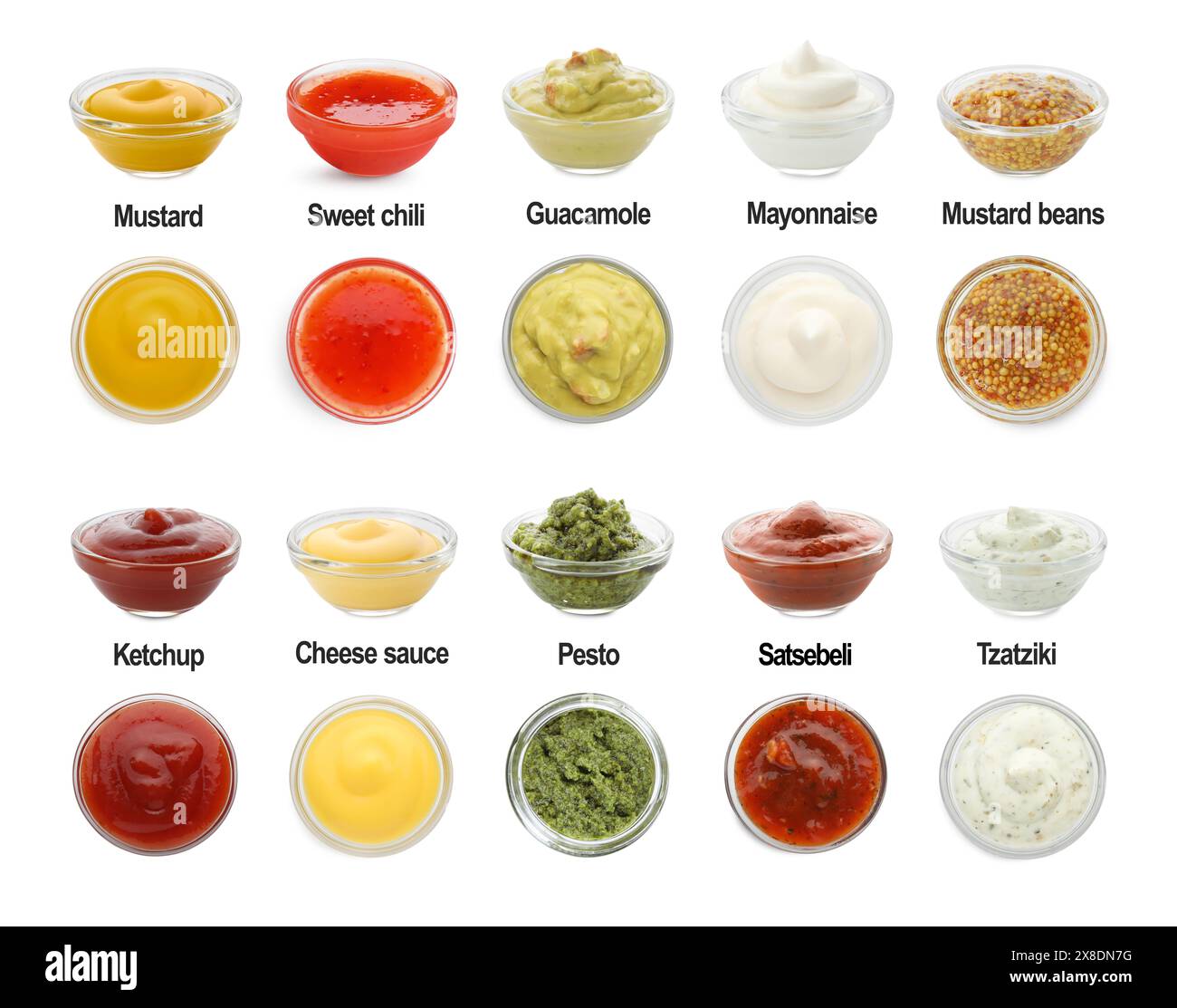 Set of different sauces in bowls and names isolated on white, top and ...