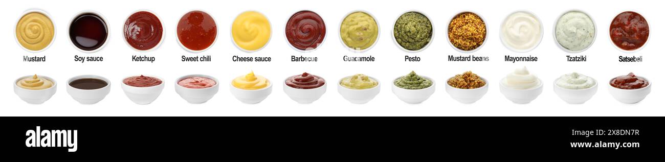 Set of different sauces in bowls and names isolated on white, top and ...