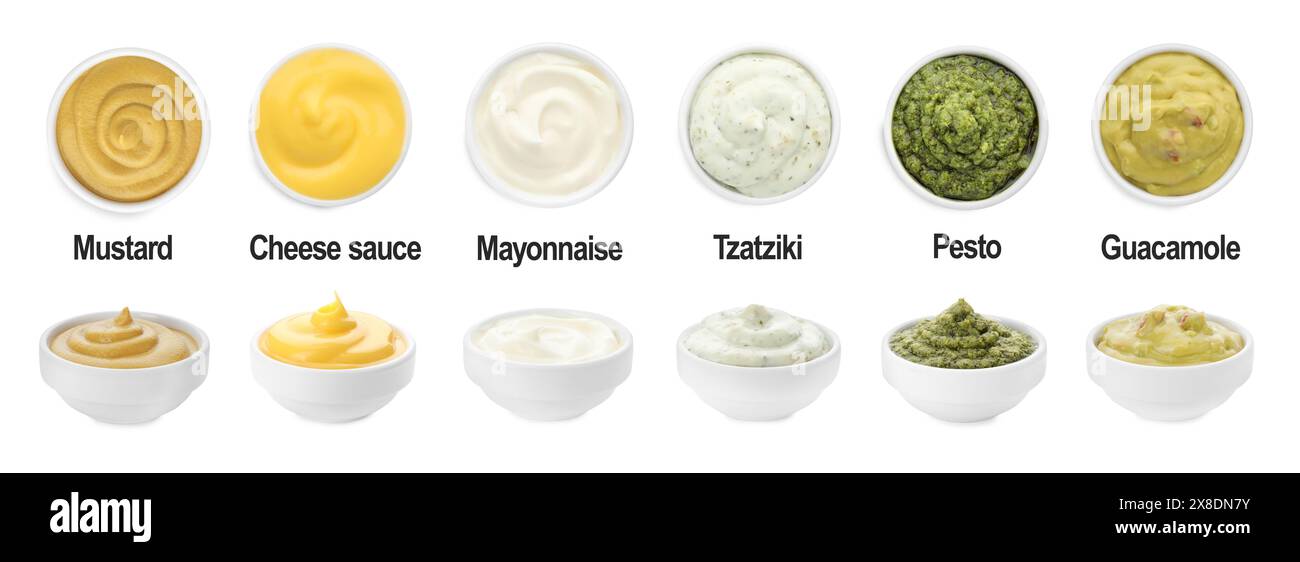 Set of different sauces in bowls and names isolated on white, top and ...