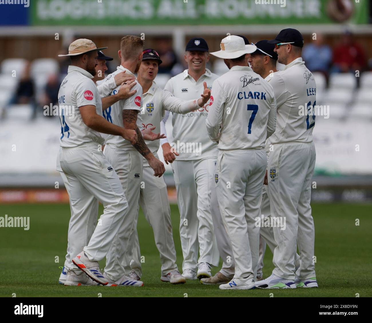 Durham's Ben Stokes celebrates taking Tom Lammonby's wicket during the ...