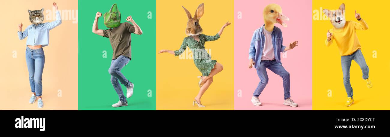 Set of dancing people with heads of different animals on color ...