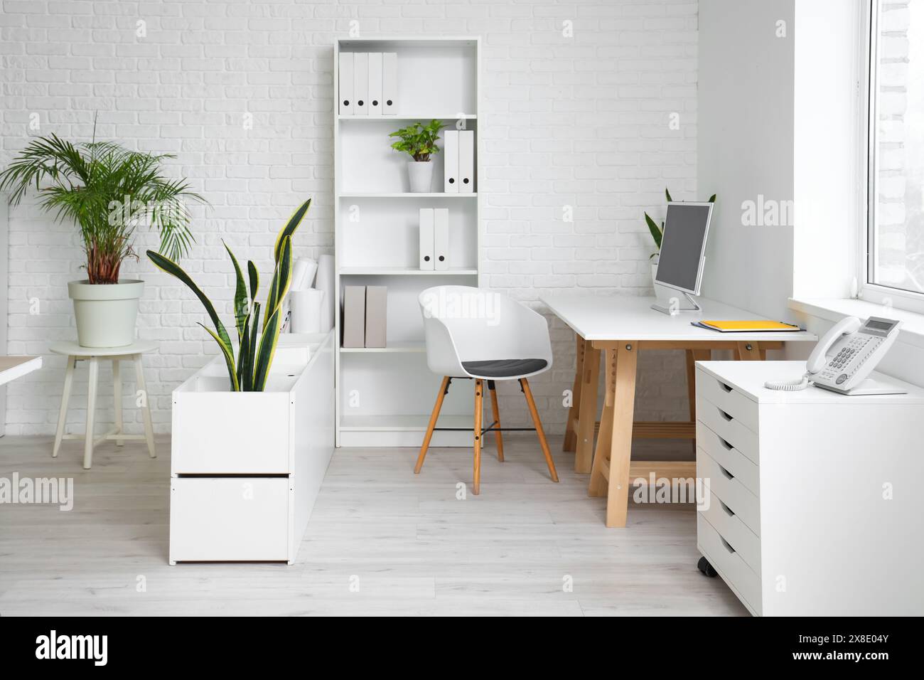 Interior of office with table, shelf unit and plants Stock Photo - Alamy
