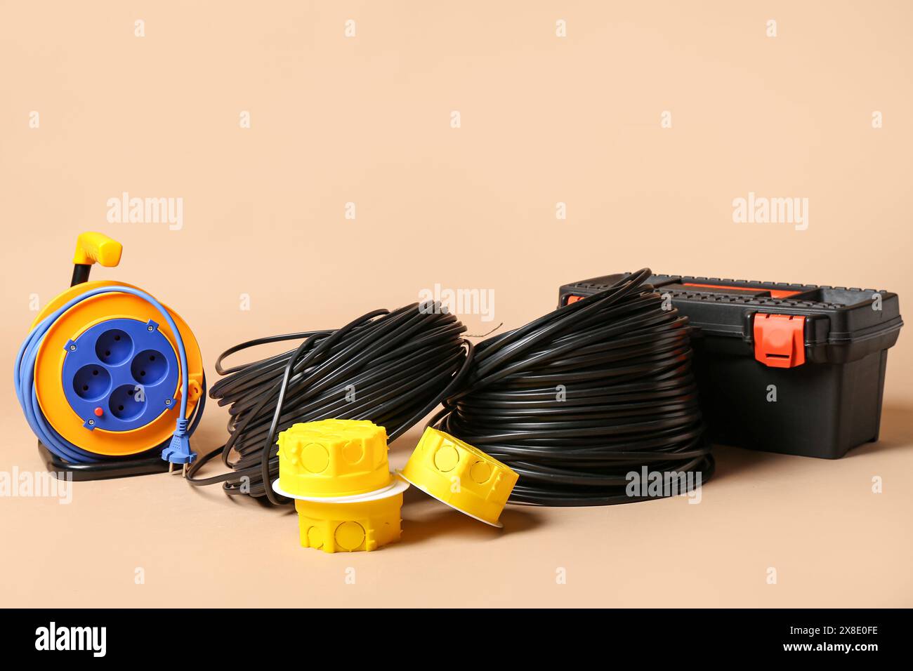 Electrical junction boxes, rolled wires, tool box and extension cable ...