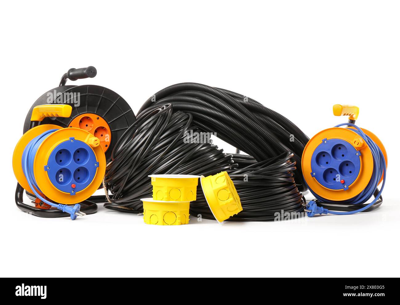 Rolled wires, flexible conduit tube, electrical junction boxes and ...