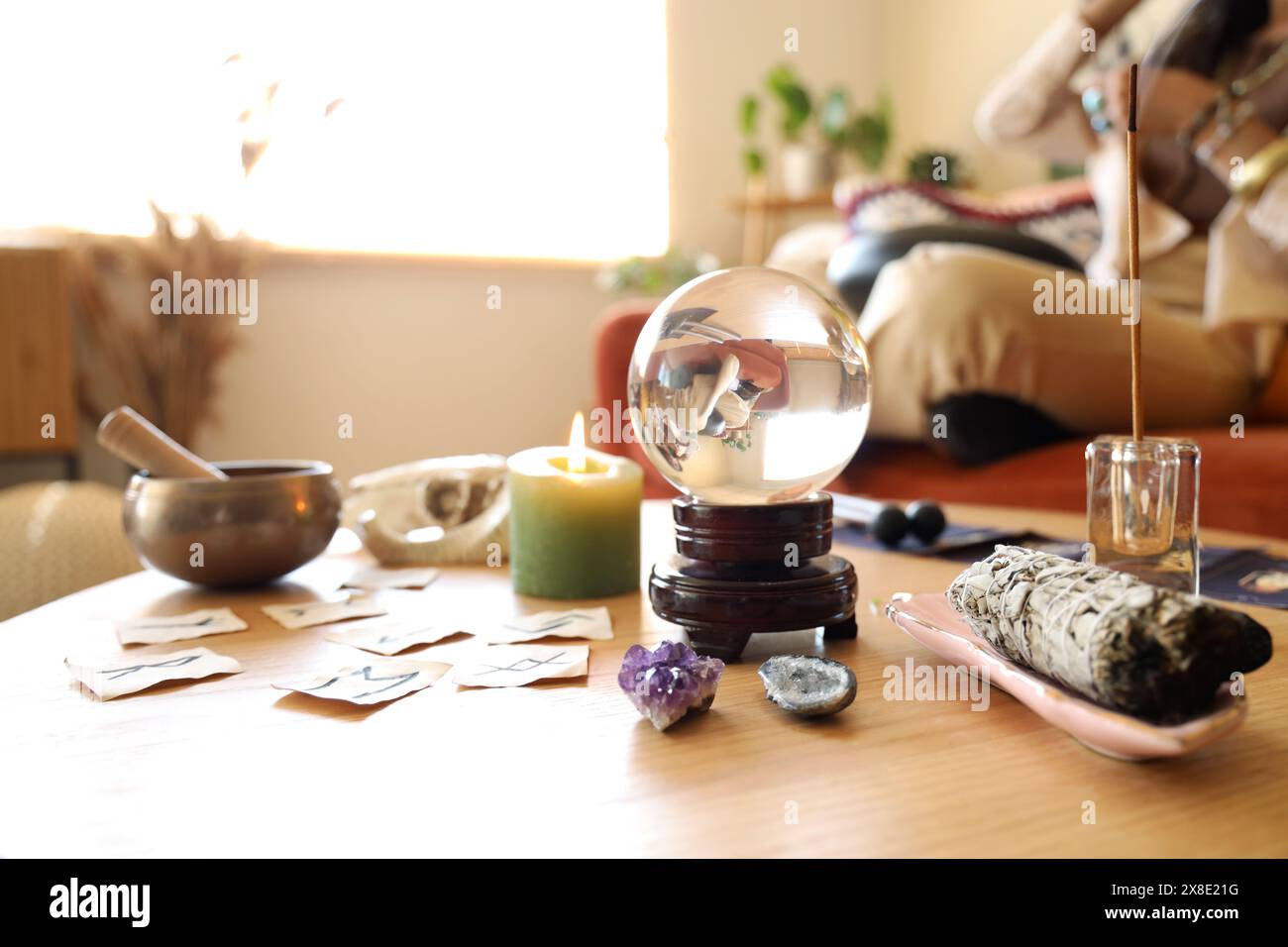 Magic attributes on table of witch at home, closeup Stock Photo - Alamy