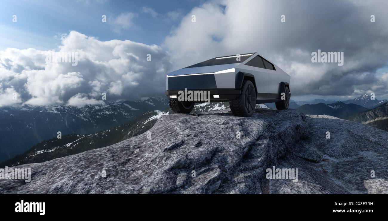 Tesla Cybertruck on a Rocky Mountain Top. Aerial landscape in ...