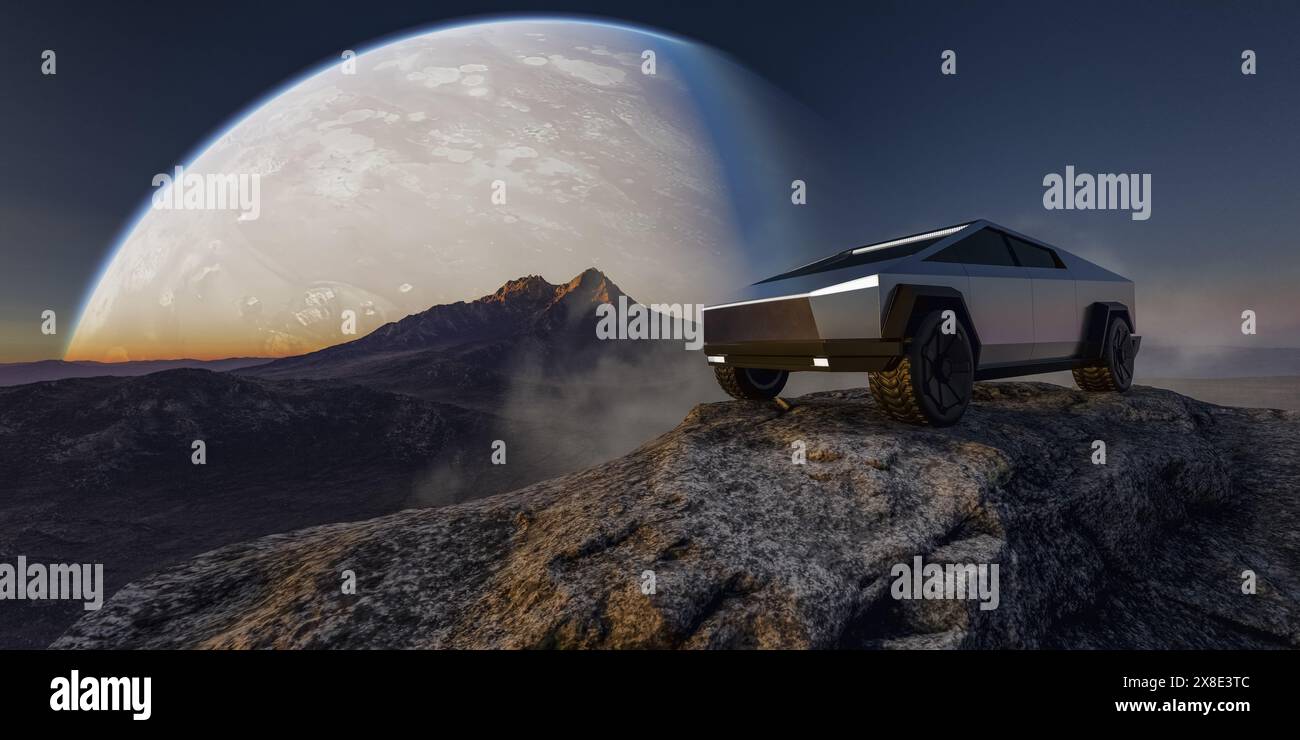 Tesla Cybertruck on a Rocky Mountain Top. Sci-fi Planet Aerial ...