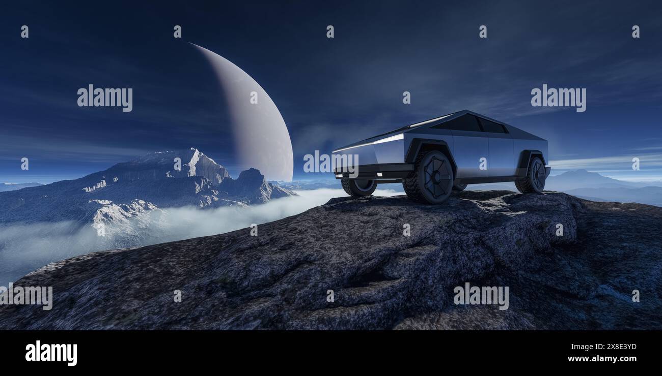 Tesla Cybertruck on a Rocky Mountain Top. Sci-fi Planet Aerial ...