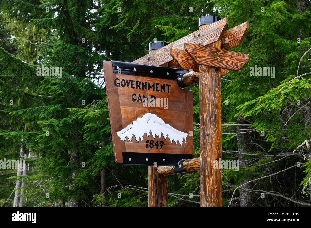 Government Camp, OR, USA - April 24, 2024; Wooden sign with design and ...