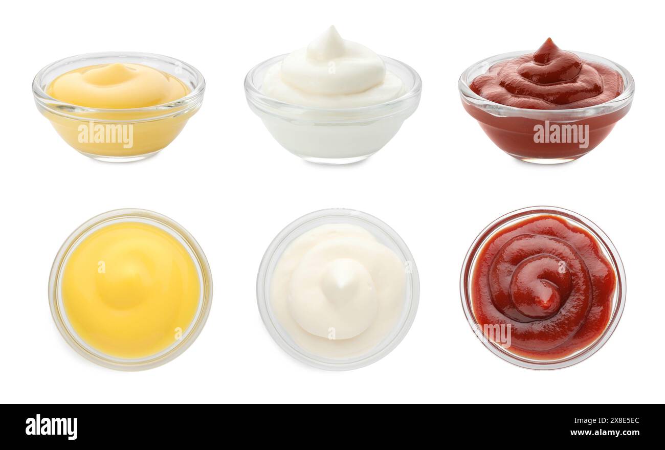 Set of different sauces in bowls isolated on white, top and side views ...
