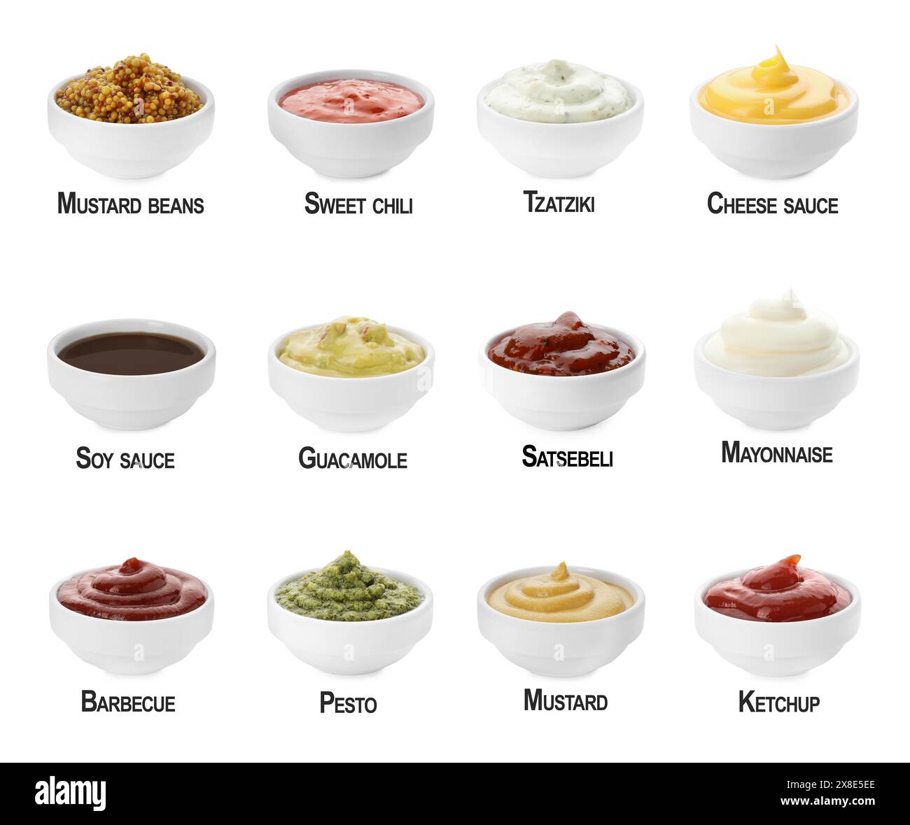 Different sauces in bowls and names isolated on white, set Stock Photo ...
