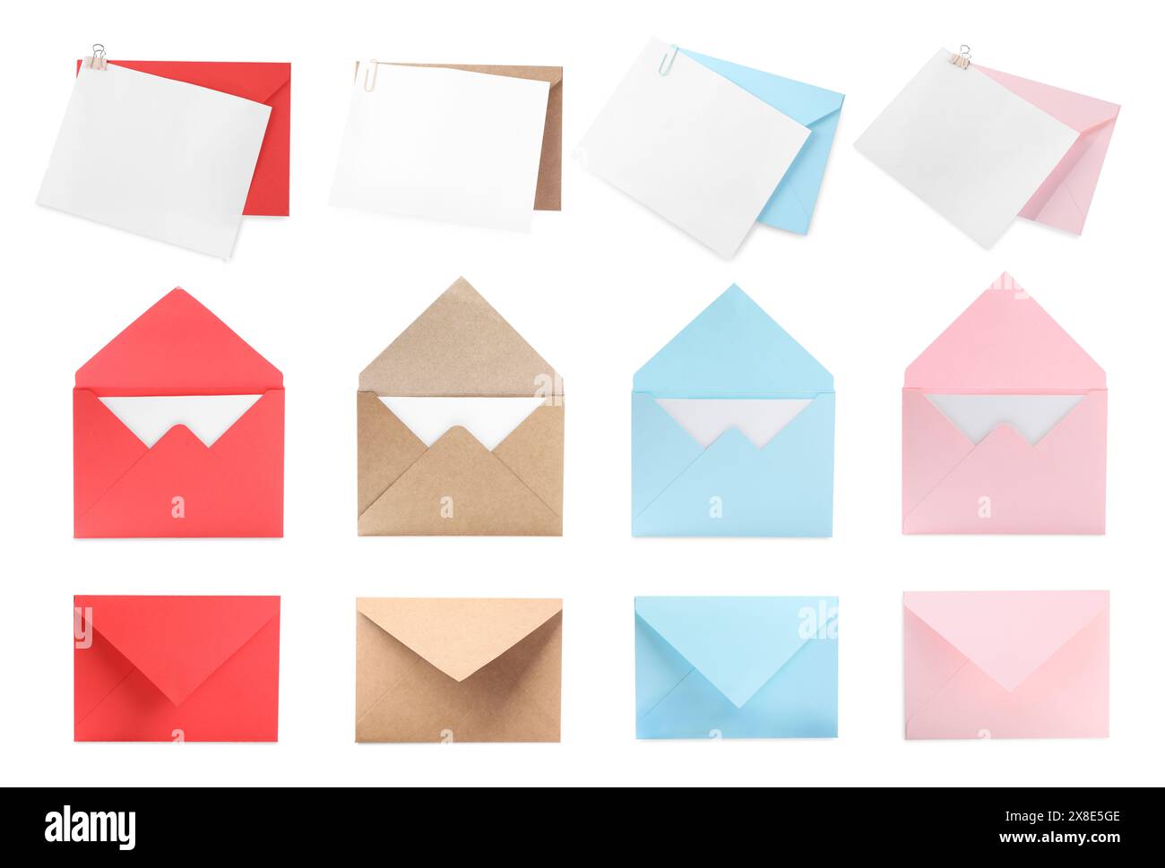 Set of letter envelopes with cards isolated on white, top view Stock ...
