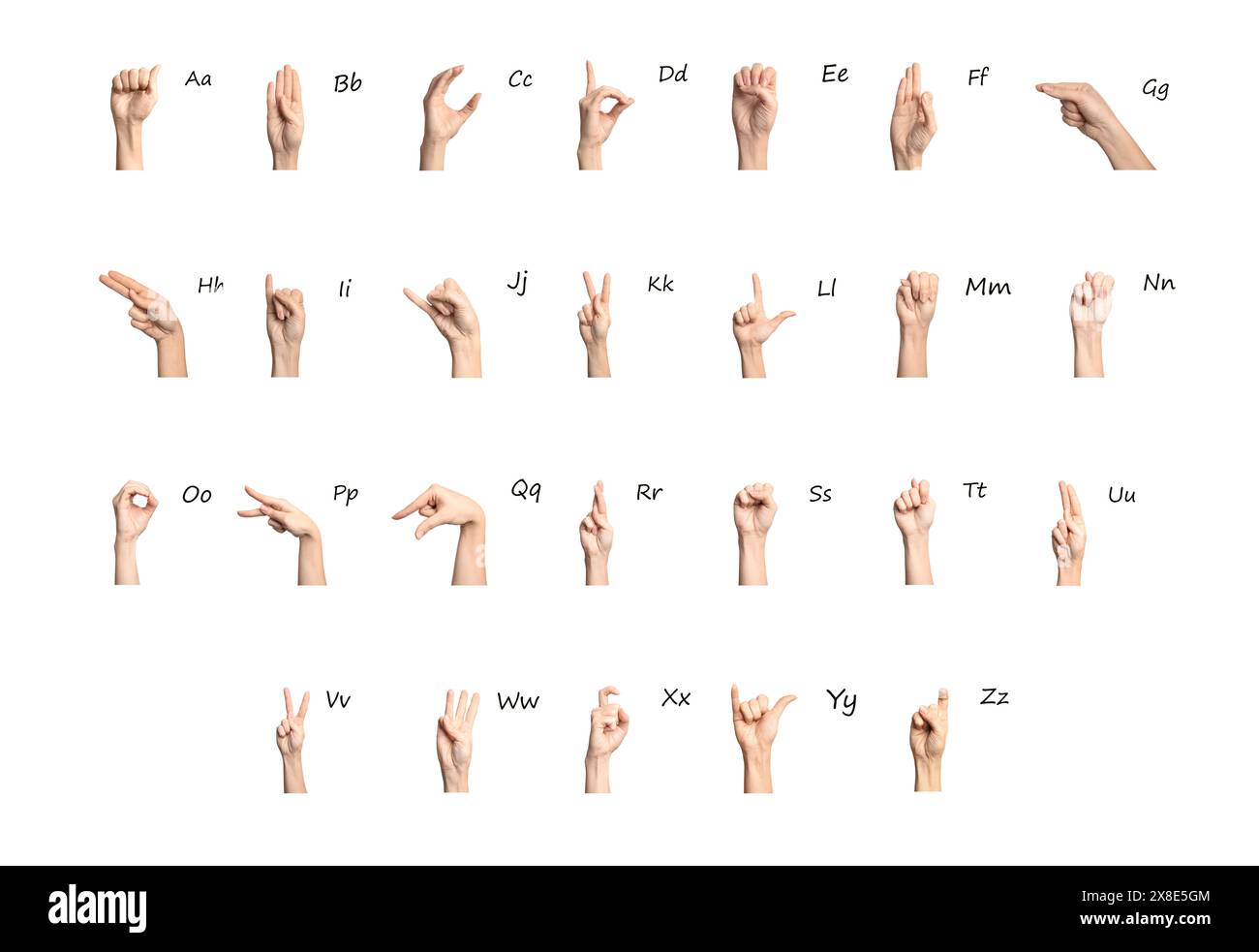 Sign language alphabet. Hand gestures and corresponding letters on white background Stock Photo ...