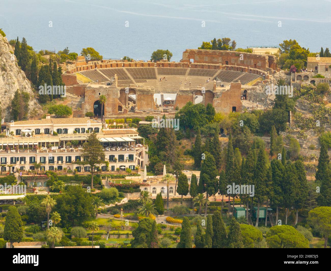 Aerial view of Greek Theatre of Taormina, Taormina, Italy Stock Photo ...