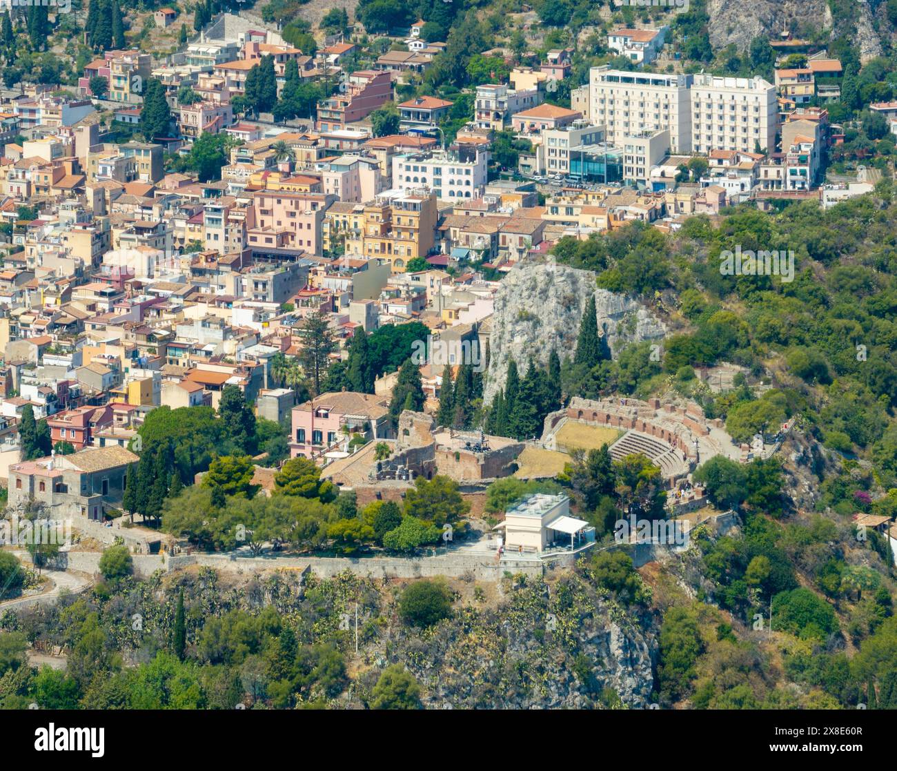Aerial view of Greek Theatre of Taormina, Taormina, Italy Stock Photo ...