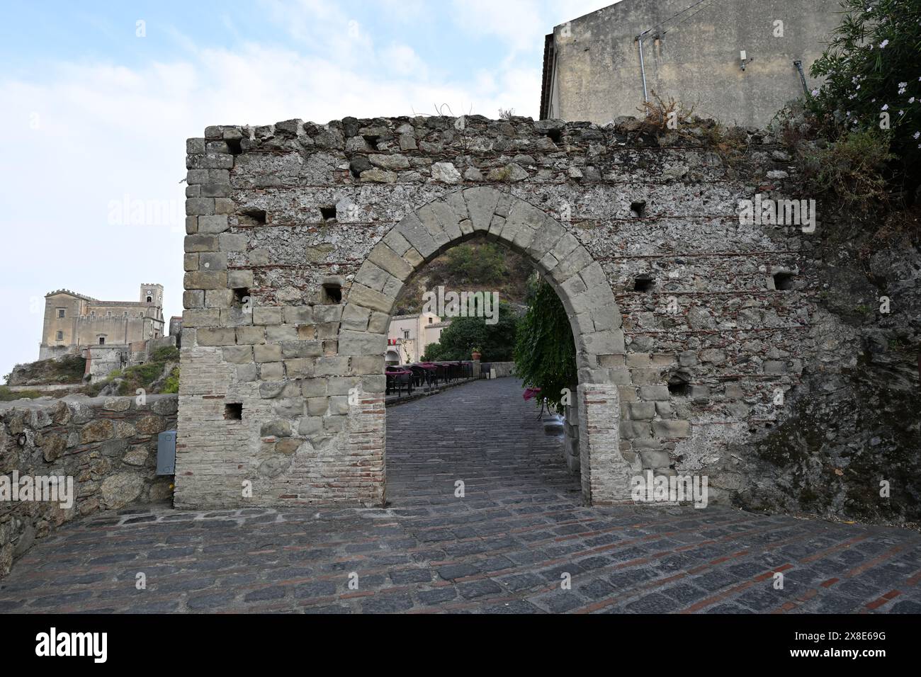 Stone arch gate in the italian city Savoca, Sicily, Italy. The town was ...
