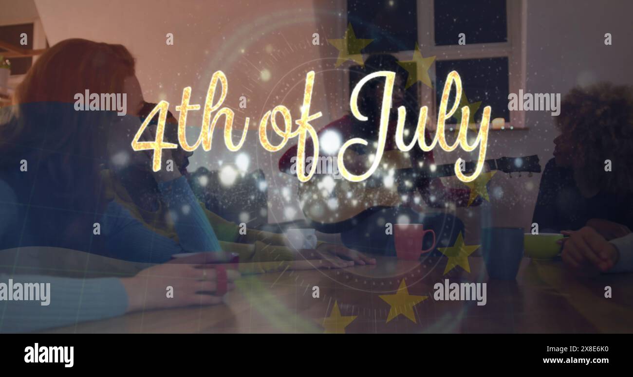 Image of 4th of july text and light spots over diverse friends Stock ...
