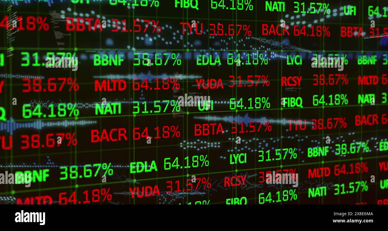 This image shows red and green stock market data rolling and processing over a grid Stock Photo ...