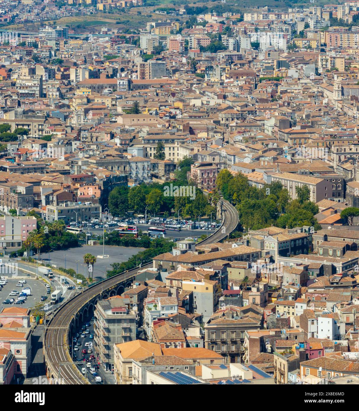 Aerial view of the train tracks flowing through Catania, Sicily, Italy ...