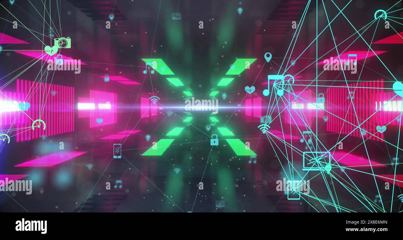 Image of icons connected and forming sphere shapes over pink and green ...