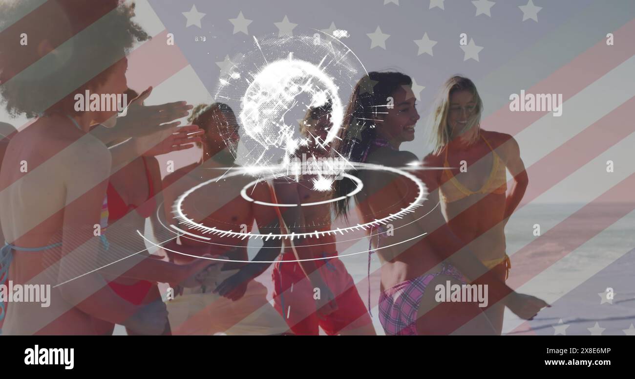 Image of flag of usa and scope scanning with globe over diverse friends ...