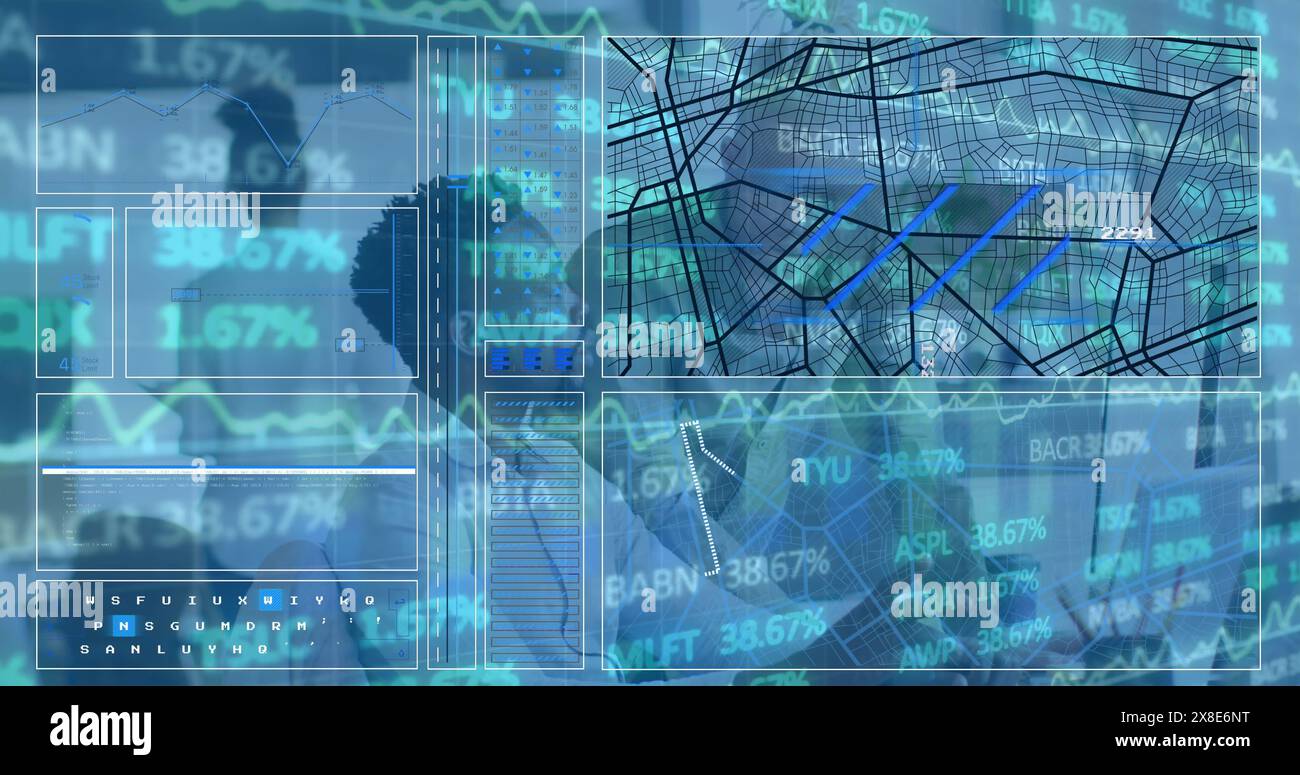 Image Of Interface And Stock Market Data Processing Against Diverse Men Discussing At Office