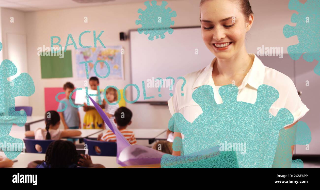 Image of back to school and virus cells over happy caucasian female ...