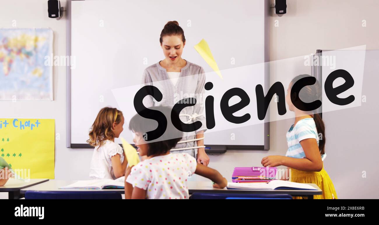 Image of science over happy caucasian female teacher and diverse pupils ...