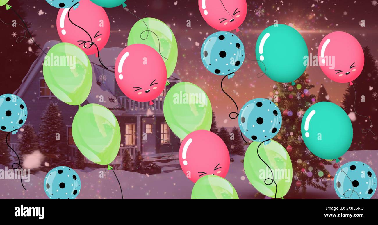 Image of balloons and snow over winter landscape Stock Photo - Alamy