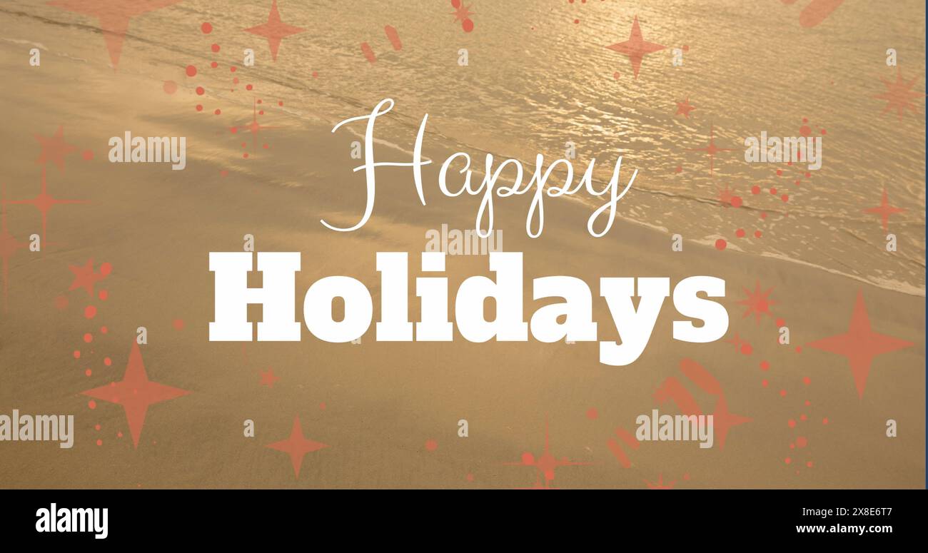Image of happy holidays over sand and wave Stock Photo - Alamy