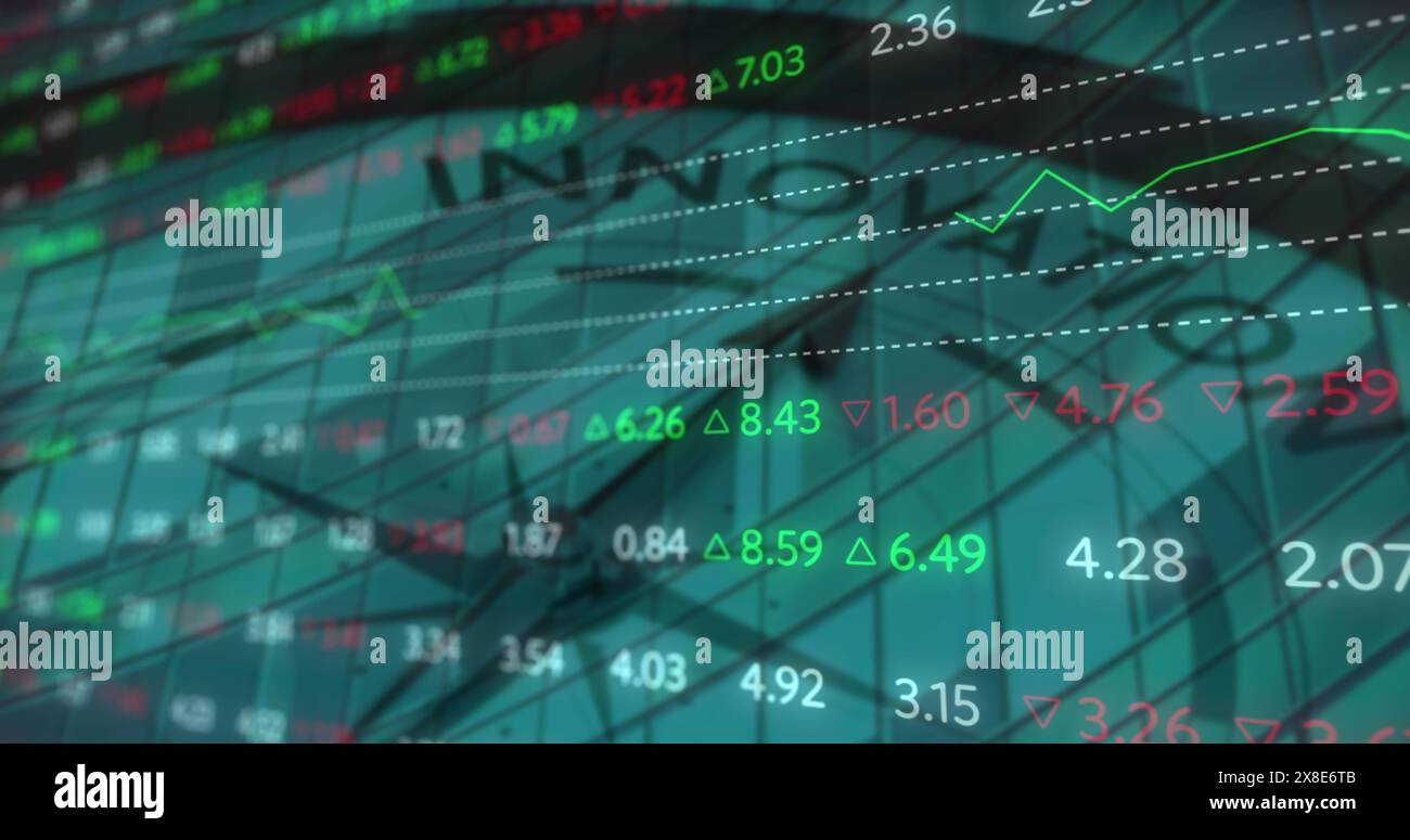 The image shows a stock exchange display board with graphs and numbers ...