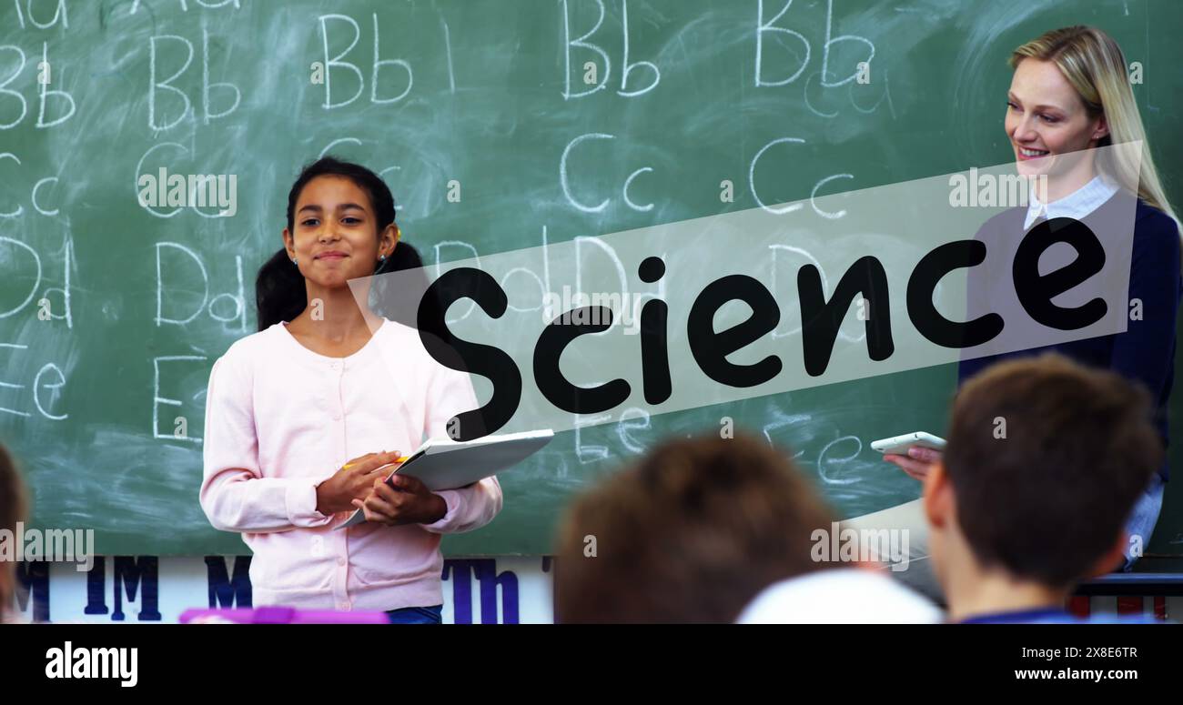 Image of science over happy diverse female teacher and girl at ...