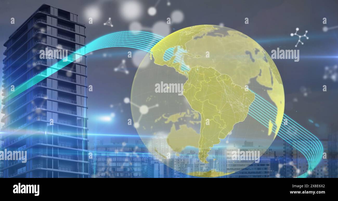Image of globe, moleculess and data processing over cityscape Stock ...