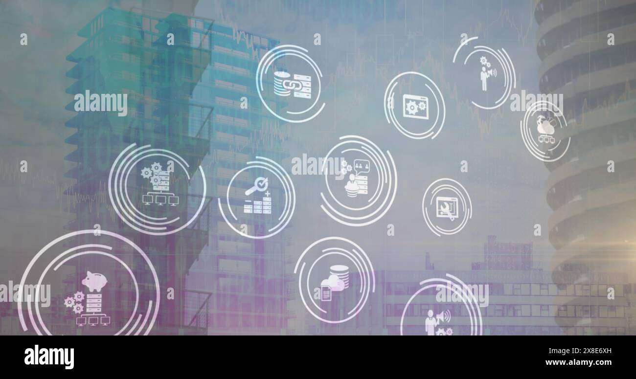 Image of icons and data processing over cityscape Stock Photo - Alamy