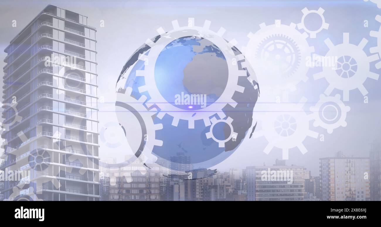 Image of globe, cogs and data processing over cityscape Stock Photo - Alamy