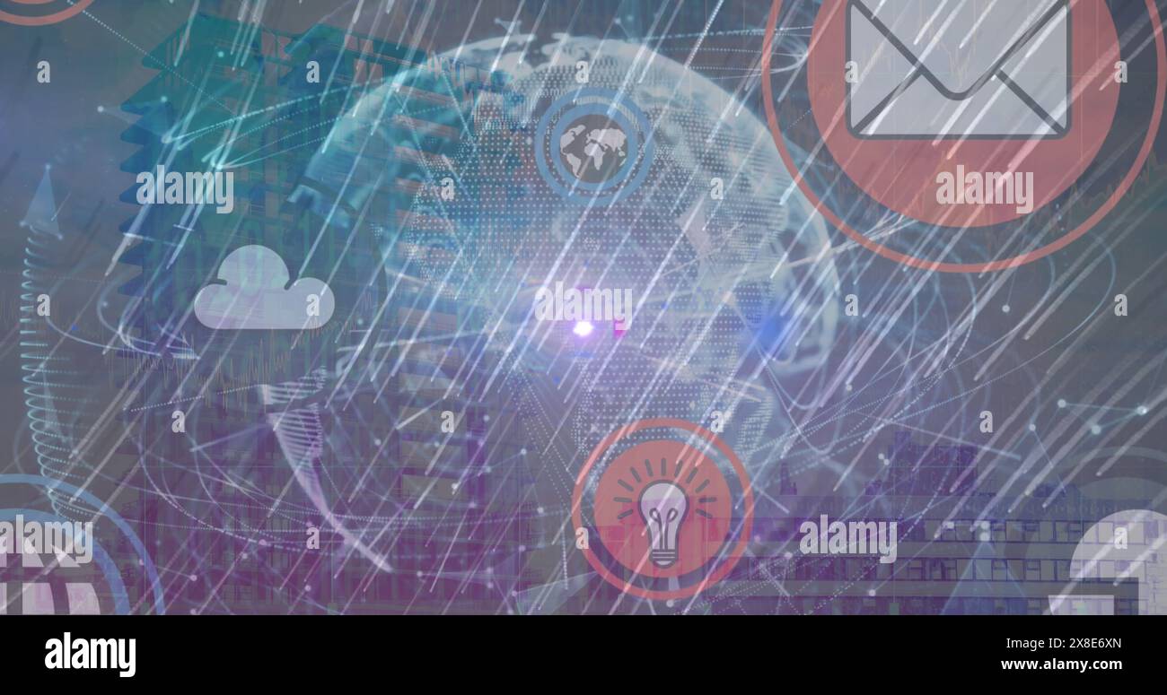 Image of globe, icons and data processing over cityscape Stock Photo ...